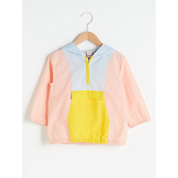 Kapüşonlu Uzun Kollu Renk Bloklu Kız Bebek Mont