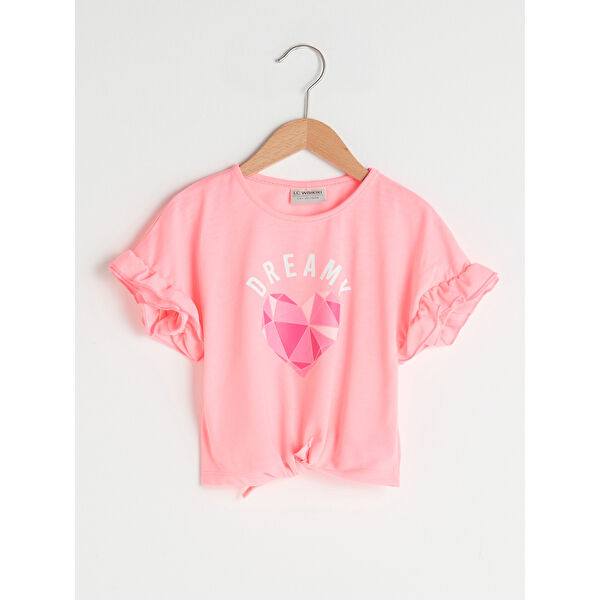 Bisiklet Yaka Baskılı Kısa Kollu Fırfır Detaylı Pamuklu Kız Çocuk Tişört Bisiklet Yaka Baskılı Kısa Kollu Fırfır Detaylı Pamuklu Kız Çocuk Tişört