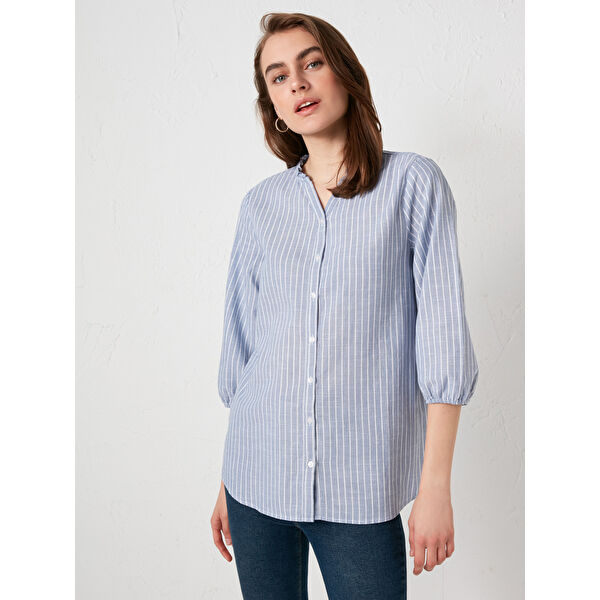 LCW GRACE V Yaka Çizgili Fırfır Detaylı Pamuklu Kadın Gömlek