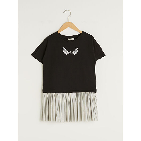 Bisiklet Yaka Baskılı Kısa Kollu Pileli Kız Çocuk Elbise Bisiklet Yaka Baskılı Kısa Kollu Pileli Kız Çocuk Elbise