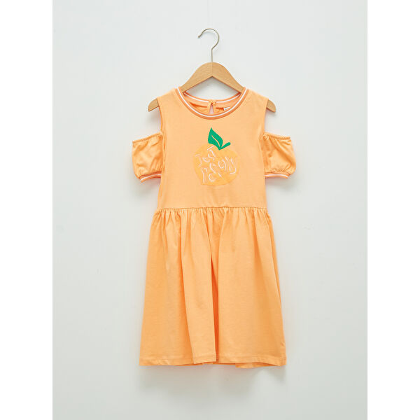 Bisiklet Yaka Baskılı Omuzu Açık Kısa Kollu Pamuklu Kız Çocuk Elbise