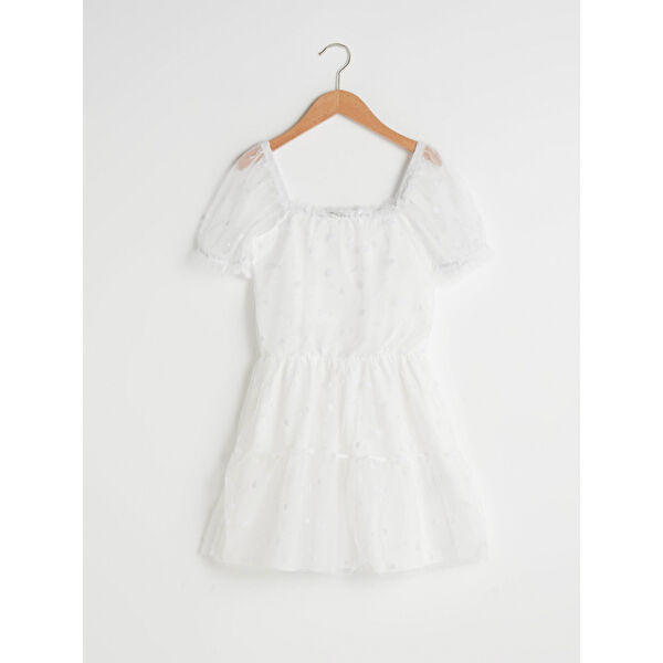 Kare Yaka Baskılı Kısa Kollu Kız Çocuk Tüllü Elbise