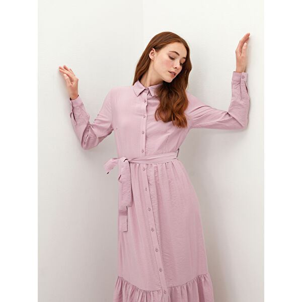 MODEST Gömlek Yaka Düz Beli Kemerli Uzun Kollu Kadın Elbise