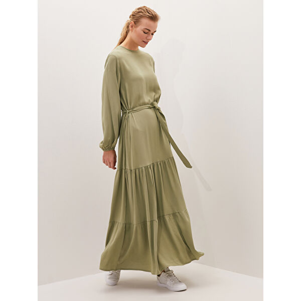 MODEST Bisiklet Yaka Beli Kuşaklı Uzun Kollu Krinkle Kumaş Kadın Elbise