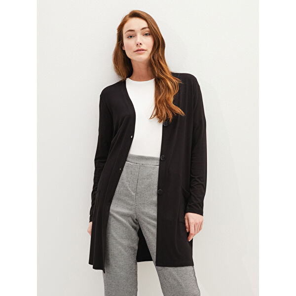 LCW BASIC V Yaka Düz Uzun Kollu Viskon Kadın Hırka