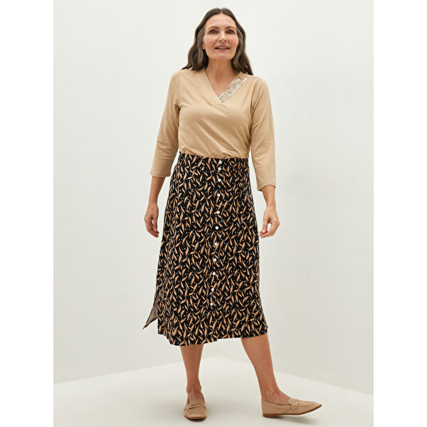 LCW GRACE Beli Lastikli Baskılı A Kesim Keten Görünümlü Kadın Etek