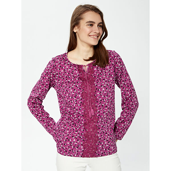 LCW GRACE Bağlamalı Yaka Baskılı Nakış Desenli Uzun Kollu Kadın Bluz