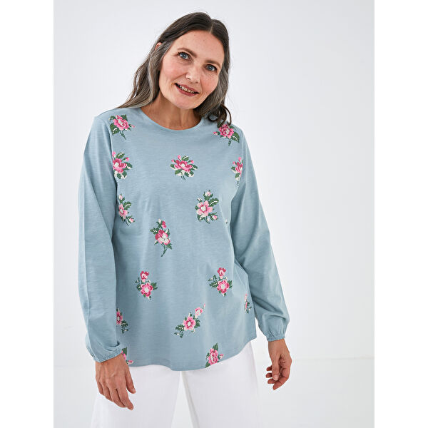 LCW GRACE Bisiklet Yaka Baskılı Uzun Kollu Pamuklu Kadın Tişört