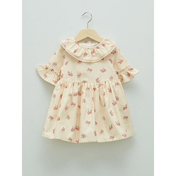 Fırfır Detaylı Bisiklet Yaka Kısa Kollu Desenli Kız Bebek Elbise