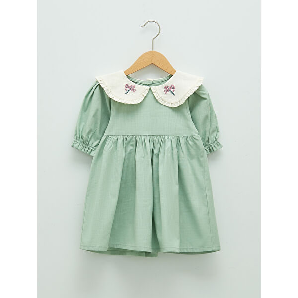 Bebe Yaka Uzun Kollu Nakış Detaylı Kız Bebek Elbise