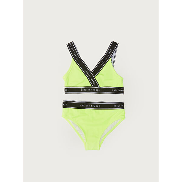 Esnek Kumaştan Yazı Baskılı Kız Çocuk Bikini