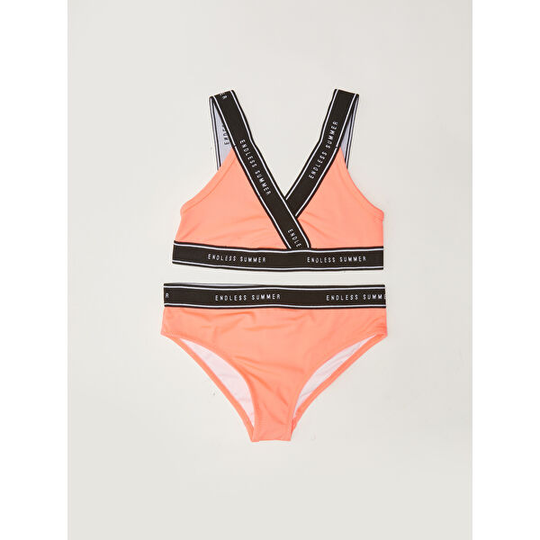 Esnek Kumaştan Yazı Baskılı Kız Çocuk Bikini