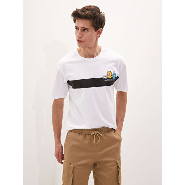 Bisiklet Yaka Kısa Kollu Garfield Baskılı Penye Erkek Tişört