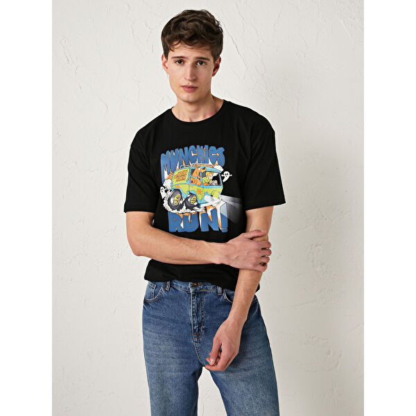 Bisiklet Yaka Kısa Kollu Scooby Doo Baskılı Penye Erkek Tişört