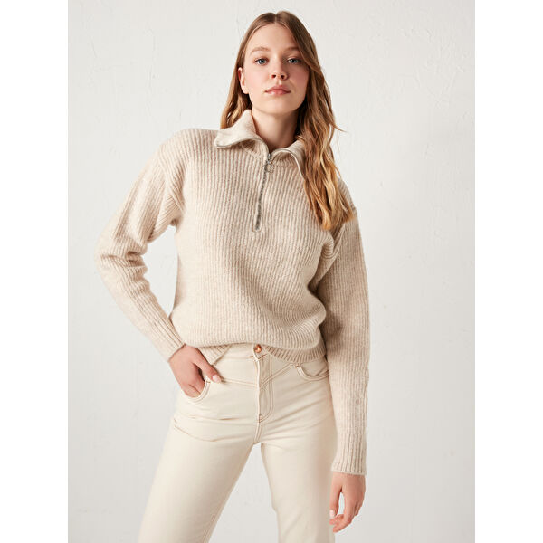 LCW VISION Yarım Balıkçı Yaka Düz Uzun Kollu Yakası Fermuarlı Kadın Triko Kazak