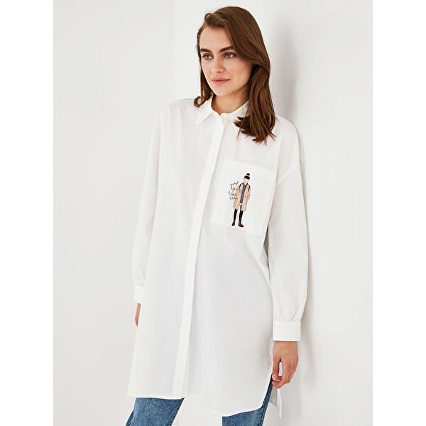MODEST Gömlek Yaka Baskılı Uzun Kollu Oversize Poplin Kadın Tunik