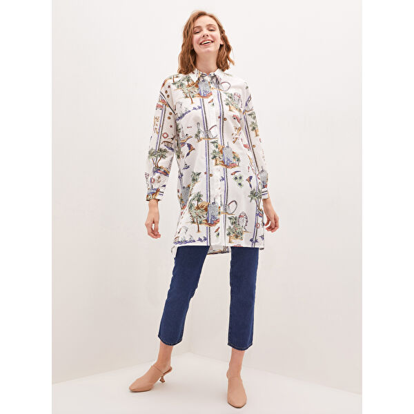 MODEST Gömlek Yaka Baskılı Uzun Kollu Oversize Kadın Tunik