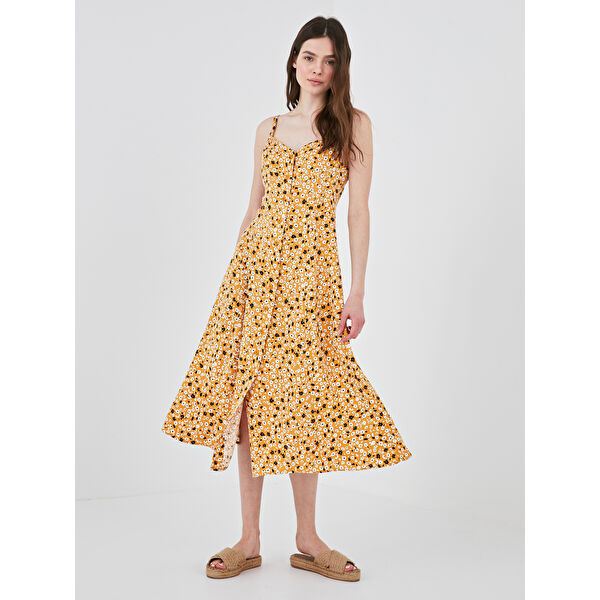 LCW CASUAL Çiçekli Askılı Düğme Kapamalı Belmando Kumaş Kadın Elbise