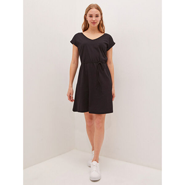 LCW CASUAL V Yaka Düz Kısa Kollu Beli Bağlama Detaylı Pamuklu Kadın Elbise