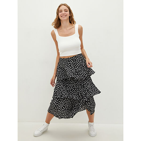 LCW CASUAL Beli Lastikli Desenli Fırfır Detaylı Poplin Kadın Etek