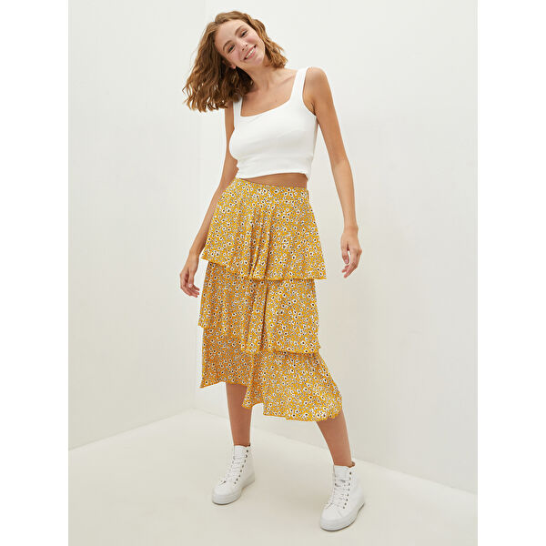 LCW CASUAL Beli Lastikli Desenli Fırfır Detaylı Poplin Kadın Etek