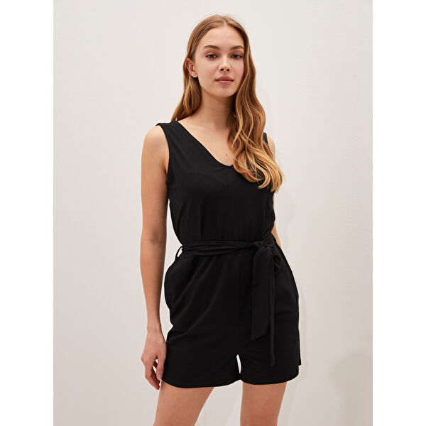 V Yaka Düz Beli Kuşaklı Kadın Tulum