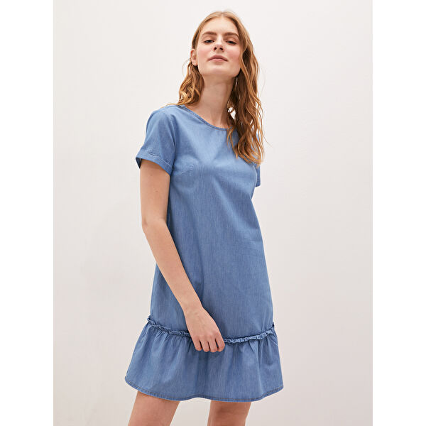 Bisiklet Yaka Fırfır Detaylı Kısa Kollu Kadın Jean Elbise