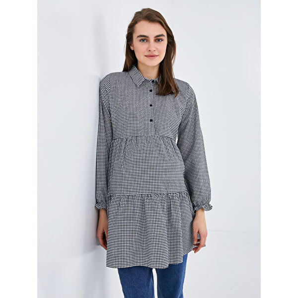 Gömlek Yaka Ekose Uzun Kollu Poplin Hamile Tunik