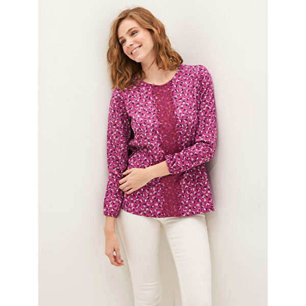LCW GRACE Bisiklet Yaka Çiçek Baskılı Nakış Detaylı Uzun Kollu Kadın Bluz