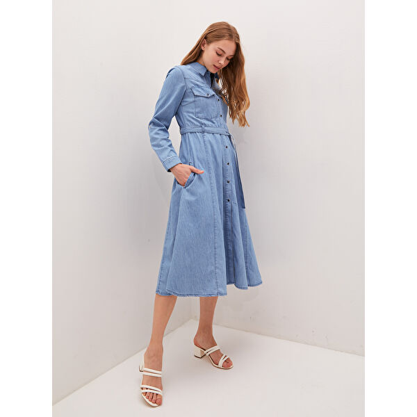 LCW CASUAL Gömlek Yaka Düz Uzun Kollu Kadın Jean Elbise LCW CASUAL Gömlek Yaka Düz Uzun Kollu Kadın Jean Elbise