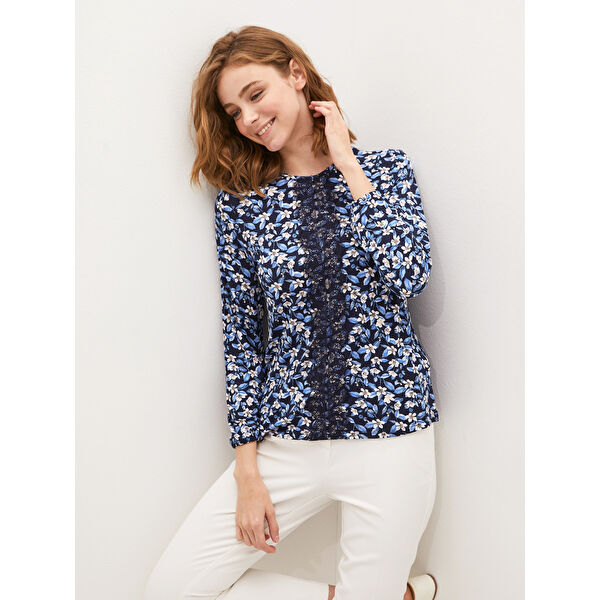 LCW GRACE Bisiklet Yaka Çiçek Baskılı Nakış Detaylı Uzun Kollu Kadın Bluz