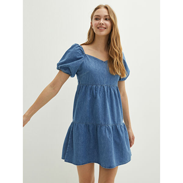 Kalp Yaka Gipe Detaylı Kısa Kollu Kadın Jean Elbise