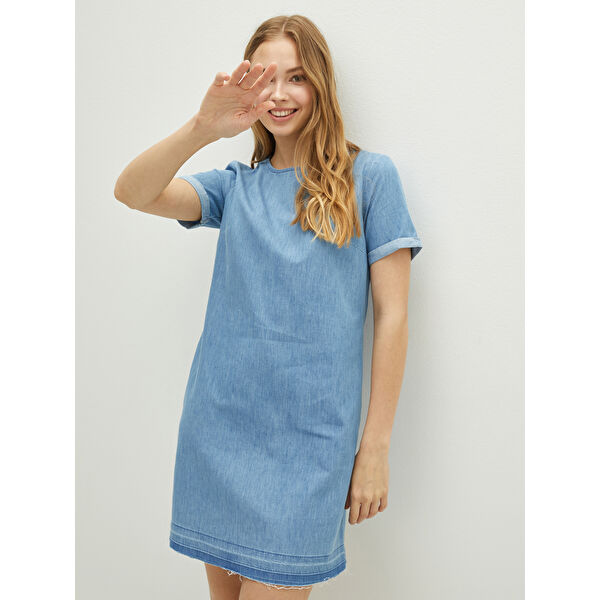 Bisiklet Yaka Düz Kısa Kollu Kadın Rodeo Jean Elbise