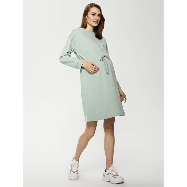 Bisiklet Yaka Beli Bağlama Detaylı Uzun Kollu Hamile Elbise Bisiklet Yaka Beli Bağlama Detaylı Uzun Kollu Hamile Elbise