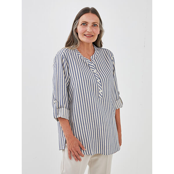 LCW GRACE Kaçık Yaka Çizgili Düğme Detaylı Uzun Kollu Armürlü Viskon Kumaş Kadın Bluz