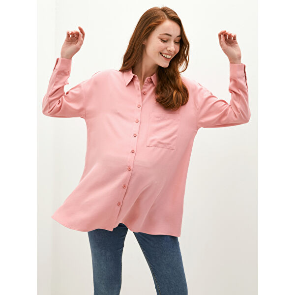 Cep Detaylı Düğme Kapamalı Uzun Kollu Tencel Kumaş Hamile Gömlek