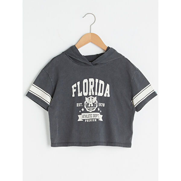 Kapüşonlu Baskılı Kısa Kollu Pamuklu Kız Çocuk Tişört