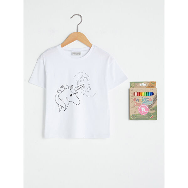 Bisiklet Yaka Baskılı Kısa Kollu Kız Çocuk Tişört ve Boya Kalemi