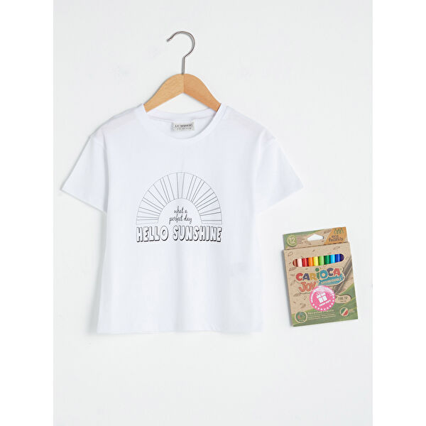 Bisiklet Yaka Baskılı Kısa Kollu Kız Çocuk Tişört ve Boya Kalemi