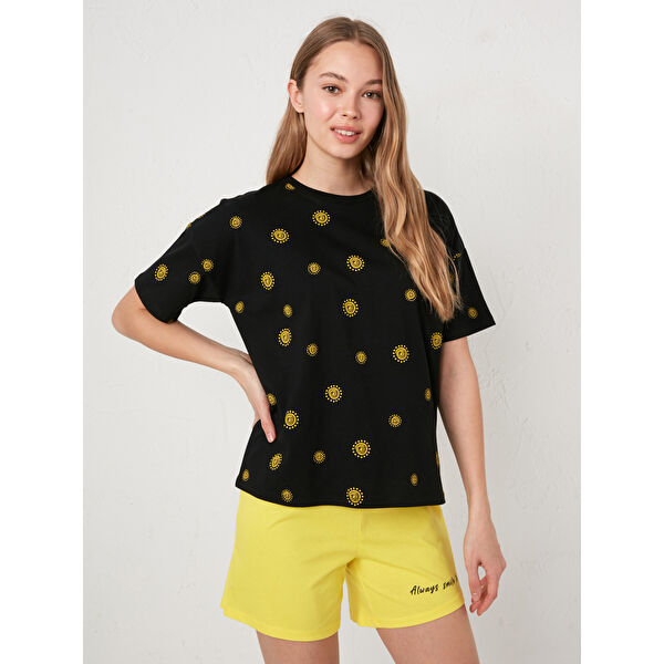 LCW DREAM Bisiklet Yaka Baskılı Kısa Kollu Pamuklu Kadın Şortlu Pijama Takımı