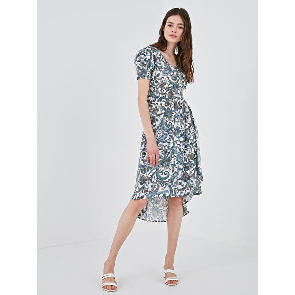 LCW CASUAL Kruvaze V Yaka Etnik Desenli Kısa Kollu Kadın Elbise