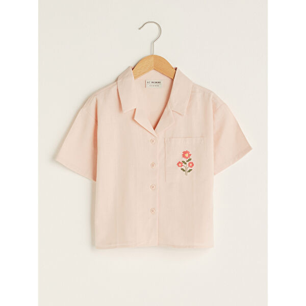 Nakış Detaylı Kısa Kollu Poplin Kız Çocuk Gömlek