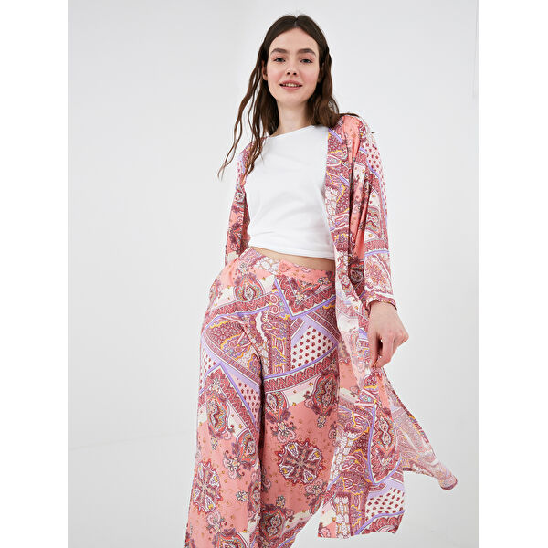 LCW CASUAL Şal Yaka Etnik Desenli Uzun Kollu Poplin Kadın Kimono