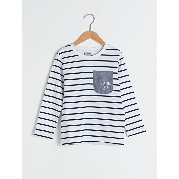 Bisiklet Yaka Çizgili Uzun Kollu Pamuklu Erkek Çocuk Tişört