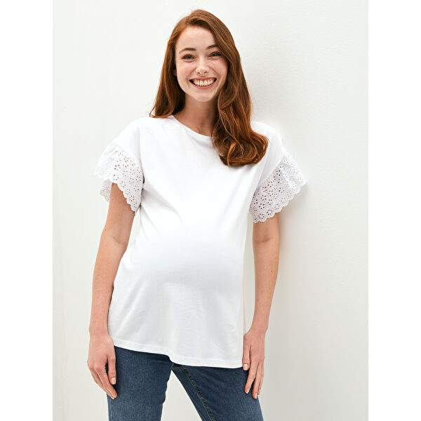 Bisiklet Yaka Nakış Detaylı Kısa Kollu Pamuklu Hamile Bluz