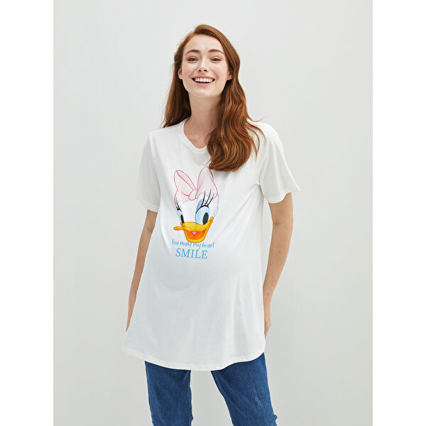 Bisiklet Yaka Daisy Duck Baskılı Kısa Kollu Pamuklu Hamile Tişört