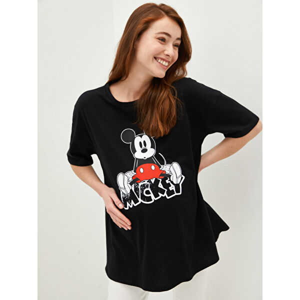 Bisiklet Yaka Mickey Mouse Baskılı Kısa Kollu Pamuklu Hamile Tişört
