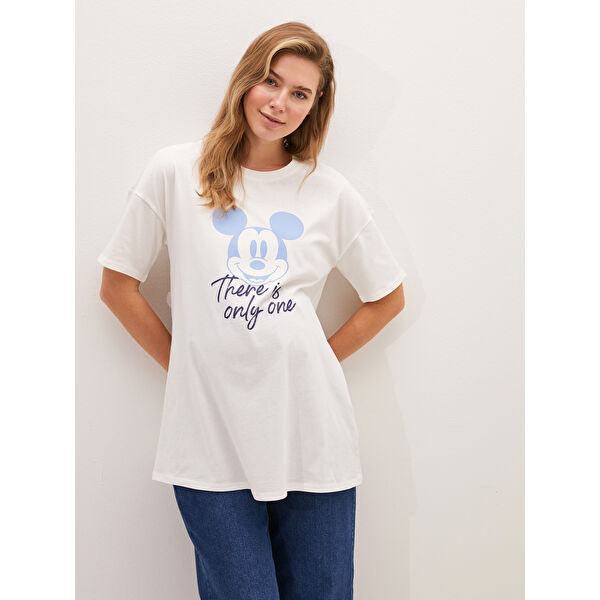 Bisiklet Yaka Mickey Mouse Baskılı Kısa Kollu Pamuklu Hamile Tişört