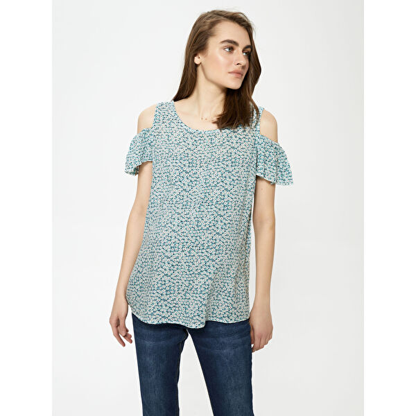 U Yaka Düz Fırfır Detaylı Kısa Kollu Hamile Viskon Bluz