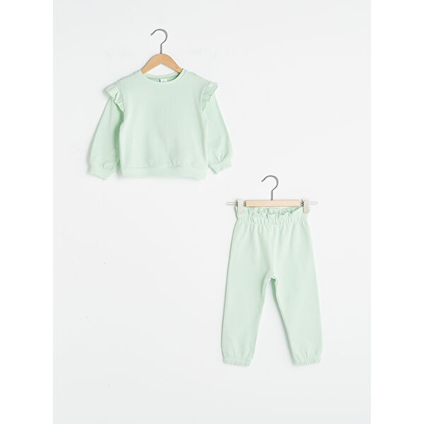 Bisiklet Yaka Uzun Kollu Fırfır Detaylı Kız Bebek Sweatshirt ve Jogger Pantolon 2'li Takım